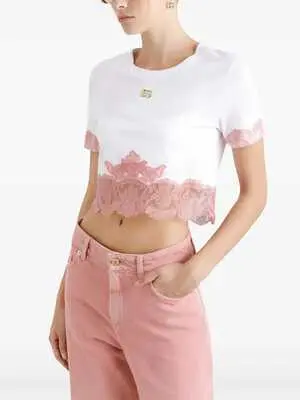 Dolce & Gabbana Cropped T-shirt With Dg Logo And Lace Trim - White