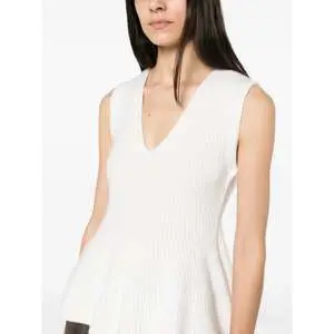 LISA YANG Cream Ribbed Knit V-neck Sleeveless Top