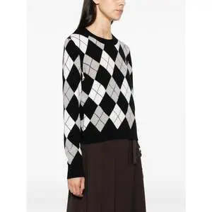 LISA YANG Cashmere Argyle Crew Neck Long Sleeve Jumper - Black