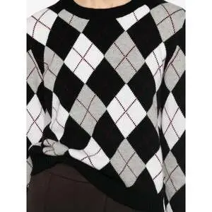 LISA YANG Cashmere Argyle Crew Neck Long Sleeve Jumper - Black