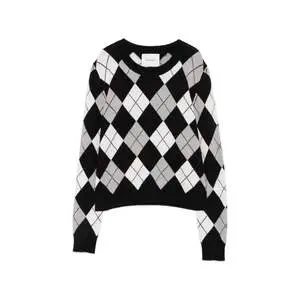 LISA YANG Cashmere Argyle Crew Neck Long Sleeve Jumper - Black