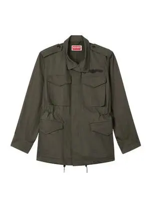 Kenzo Emblem Cotton Herringbone Military Jacket - Gray