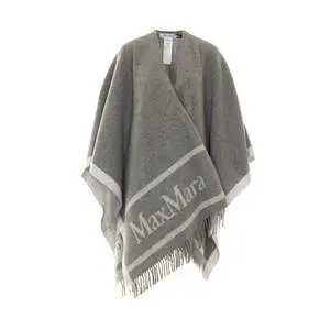 Max Mara Hilde Jacquard Wool Poncho With Fringes - Gray