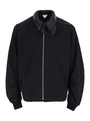 Bottega Veneta Black Tech Fabric Jacket With Intrecciato Leather Collar