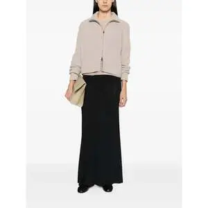LISA YANG Sand Beige Cashmere Ribbed Knit Zip-up Cardigan