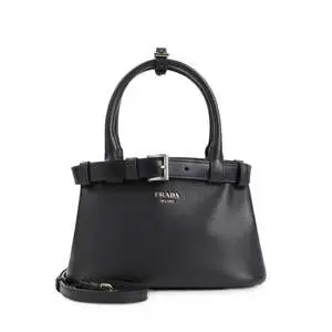 Prada Calf Leather Grained Textured Buckled Shoulder Bag - Black