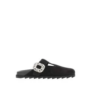 ROGER VIVIER Suede Leather Mules With Crystal Buckle - Black
