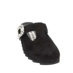 ROGER VIVIER Suede Leather Mules With Crystal Buckle - Black