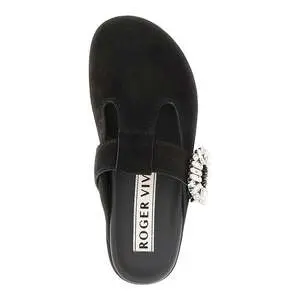ROGER VIVIER Suede Leather Mules With Crystal Buckle - Black