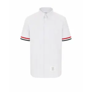 Thom Browne Logo Striped Oxford Short Sleeves Shirt - Gray