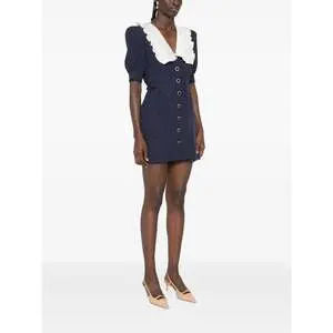 Alessandra Rich Navy Silk Dress With Ruffled Collar