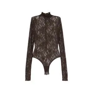Andamane Dark Lace High Neck Long Sleeve Zip Fastening Bodysuit - Brown