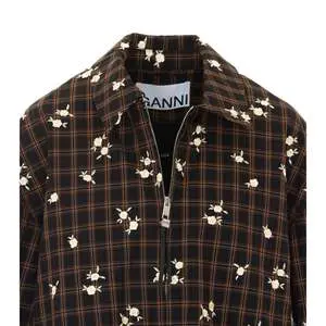 GANNI Printed Check Bomber Jacket - Brown