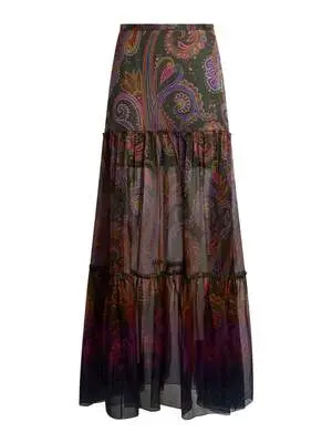 Etro Long Silk Skirt With Placement Paisley Print - Green