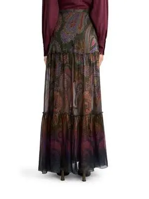 Etro Long Silk Skirt With Placement Paisley Print - Green