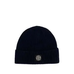 Stone Island Rib Knit Beanie With Logo Patch - Blue