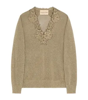 Valentino Garavani Lace-trim V-neck Sweater - Gold