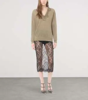 Valentino Garavani Lace-trim V-neck Sweater