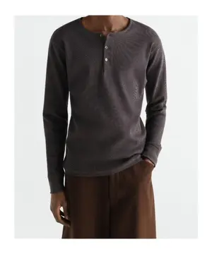 LEMAIRE Ribbed Henley Long Sleeve T-shirt - Basalt