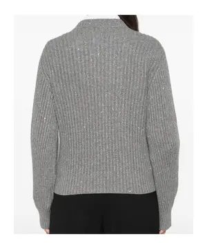 Brunello Cucinelli Sequin-embellished Ribbed Crew Neck Long Sleeve Sweater