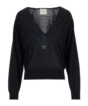 FORTE_FORTE Sheer V-neck Knitted Sweater - Navy