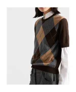 Prada Short Sleeve Argyle Cashmere Sweater