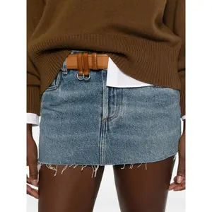 Miu Miu Logo Patch Frayed Hem Mini Denim Skirt