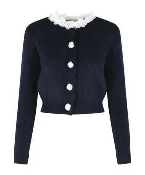 SELF-PORTRAIT Flower Pearl Trim Knit Jumper - Navy