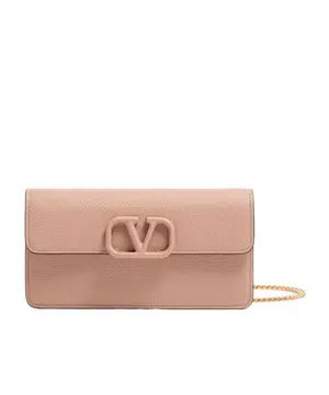 Valentino Garavani Vlogo Signature Grainy Calfskin Wallet With Chain - Rose Cinnamon