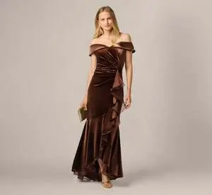 Adrianna Papell Off-the-shoulder Velvet Mermaid Gown With Organza Ruffle - Dark Brown