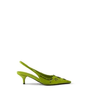 Prada Embroidered Satin Slingback Pumps - Green