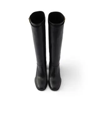 Prada Leather Knee-high Boots With Logo Buckle