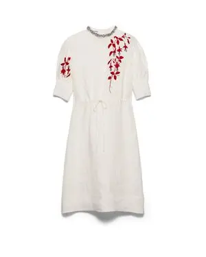 Prada Embroidered Slubbed Fabric Dress With Band Collar