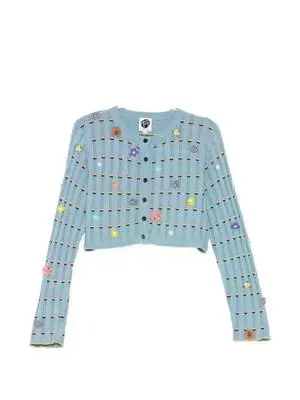 YANYAN Cropped Cardigan With Floral Embellishments - Blue