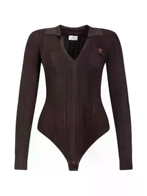 Elisabetta Franchi Ribbed Knit Bodysuit With Openwork Embroidery And Logo Detail - Brown