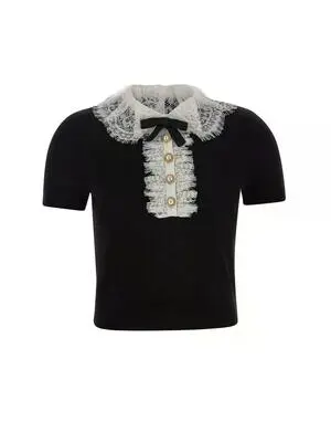 SELF-PORTRAIT Lace-collar Wool Top - Black
