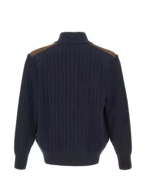 Paul & Shark Ribbed-knit Suede-panel Cardigan - Blue