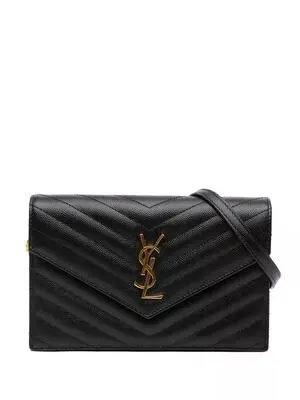 Saint Laurent Grain De Poudre Chevron Cassandre Envelope Chain Wallet Crossbody Bag - Black