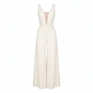 NOMI FAME Deep V-neck Cream Jumpsuit - White