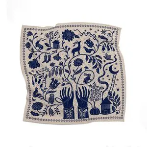 SILK&SOUL Neutrals Folk Motif Silk Scarf In Ecru And - Blue