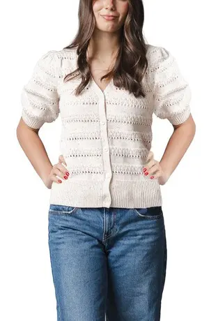 HOPE & HENRY Organic Puff Sleeve Button Front Sweater - Ivory Multi Fleck
