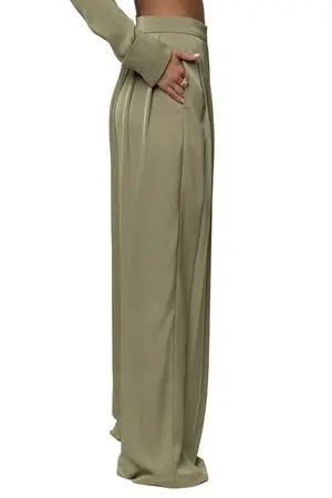 JLUXLABEL Clara Wide Leg Pleated Trousers - Olive