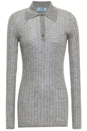 PRADA Mélange Ribbed Cashmere And Silkblend Polo Shirt