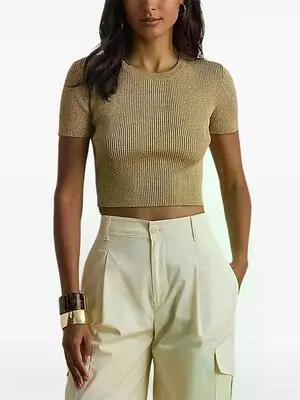 Ralph Lauren Metalised Ribbed-knit Cropped T-shirt - Gold