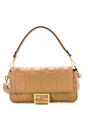 Fendi Baguette Nm Bag Zucca Embossed Leather Medium Crossbody Bag - Brown