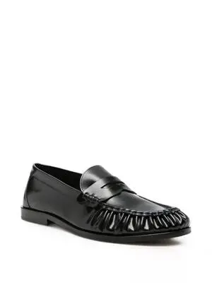 VINNY'S Ruched Detail Leather Loafers - Black