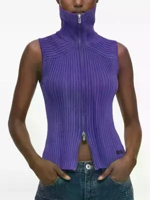 Karl Lagerfeld Ribbed Knit High Neck Zip Vest - Purple