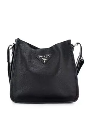 Prada Logo Strap Leather Medium Hobo Bag - Black