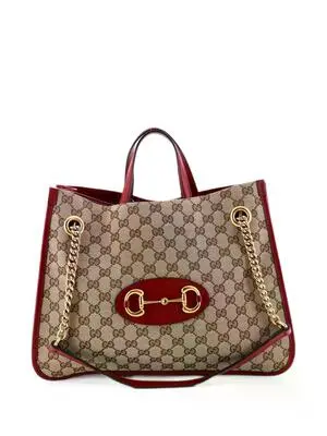 Gucci Horsebit 1955 Chain Gg Canvas With Leather Medium Tote Bag - Brown