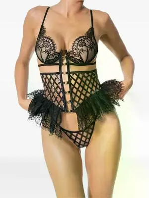 GOD SAVE QUEENS Lace-trimmed Ruffled Bodysuit - Black